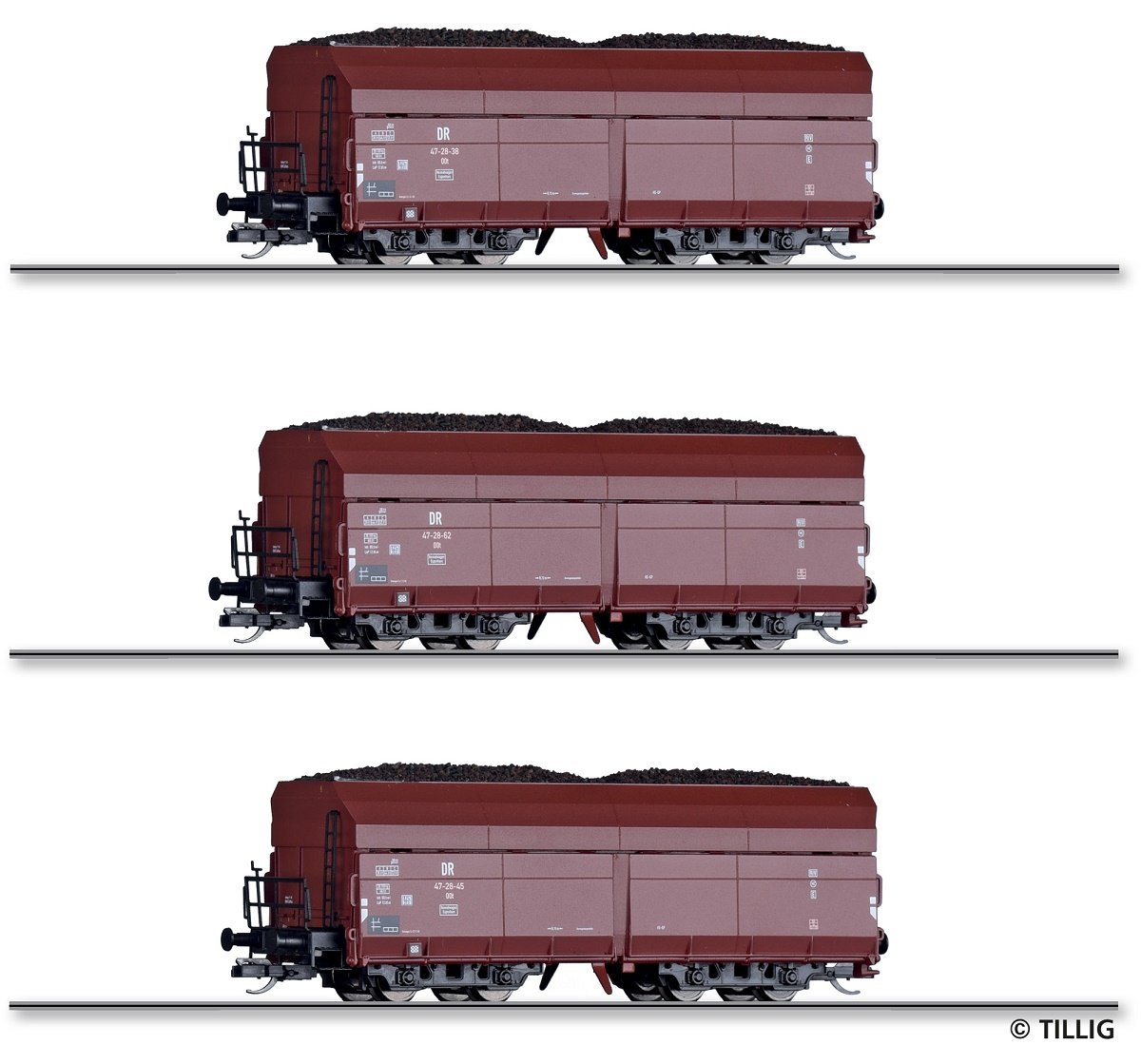 TILLIG Set mit 3 Selbstentladewagen Oot mit Kohleladung der DR Ep.III, 128,70