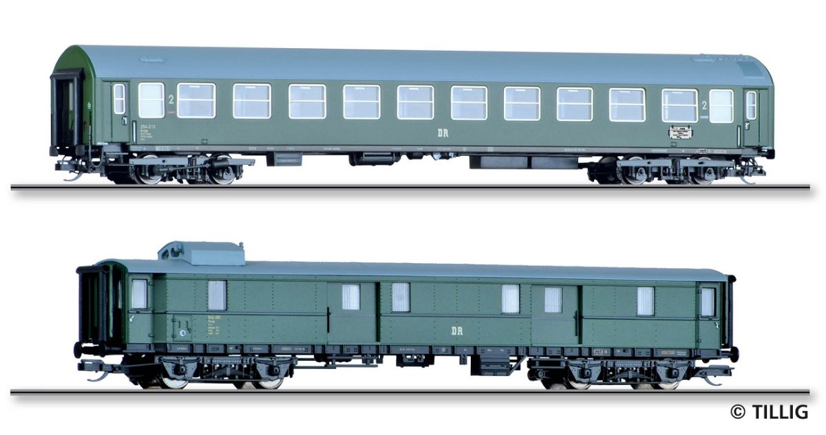 TILLIG Set mit 2 Reisezugwagen D 118 Leipzig-Köln der DR Ep.III 01095 ...